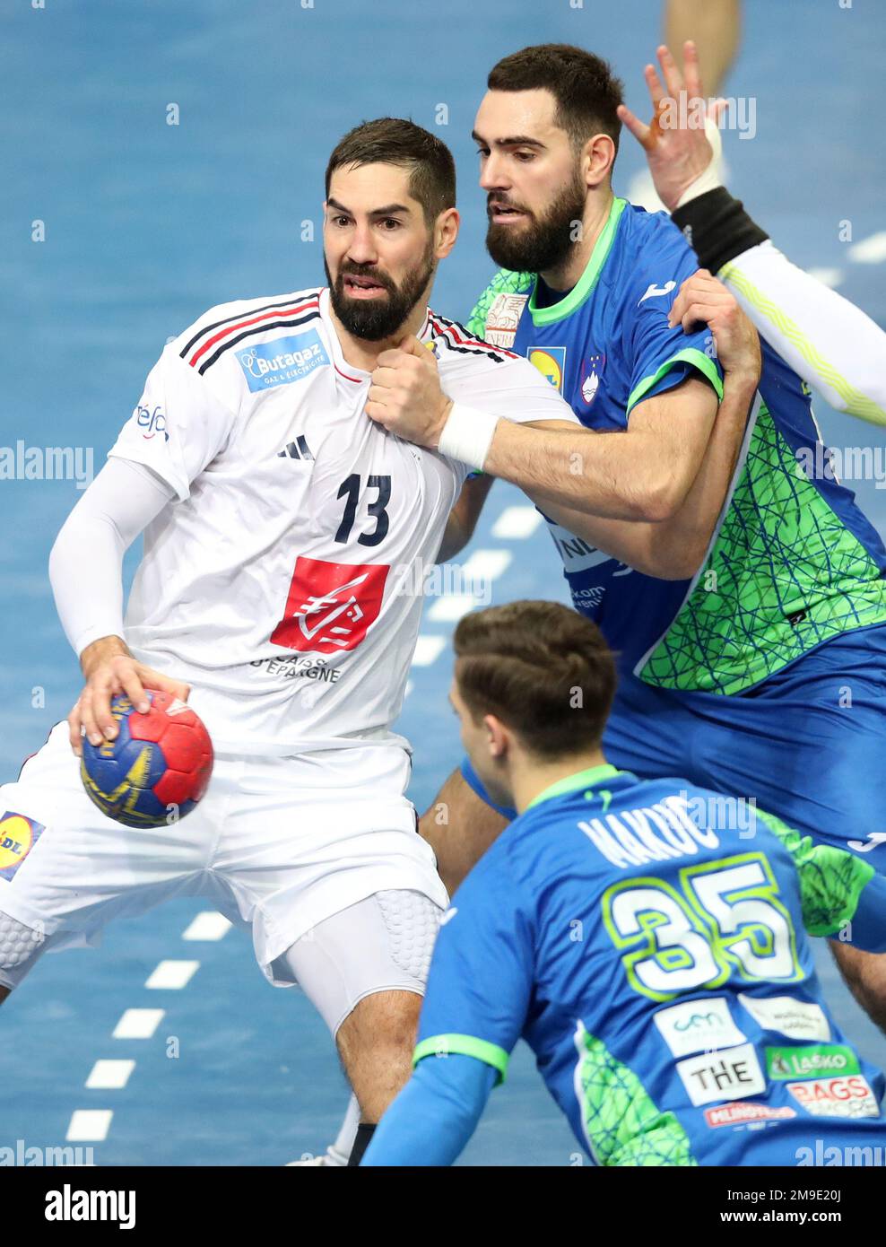 Nikola KARABATIC of France , Stefan Zabic of Slovenia, Ludovic FABREGAS of France Slovenia vs ...